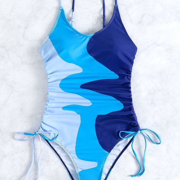 Swim | New Color Block Drawstring One Piece Swimsuit Blue | Poshmark